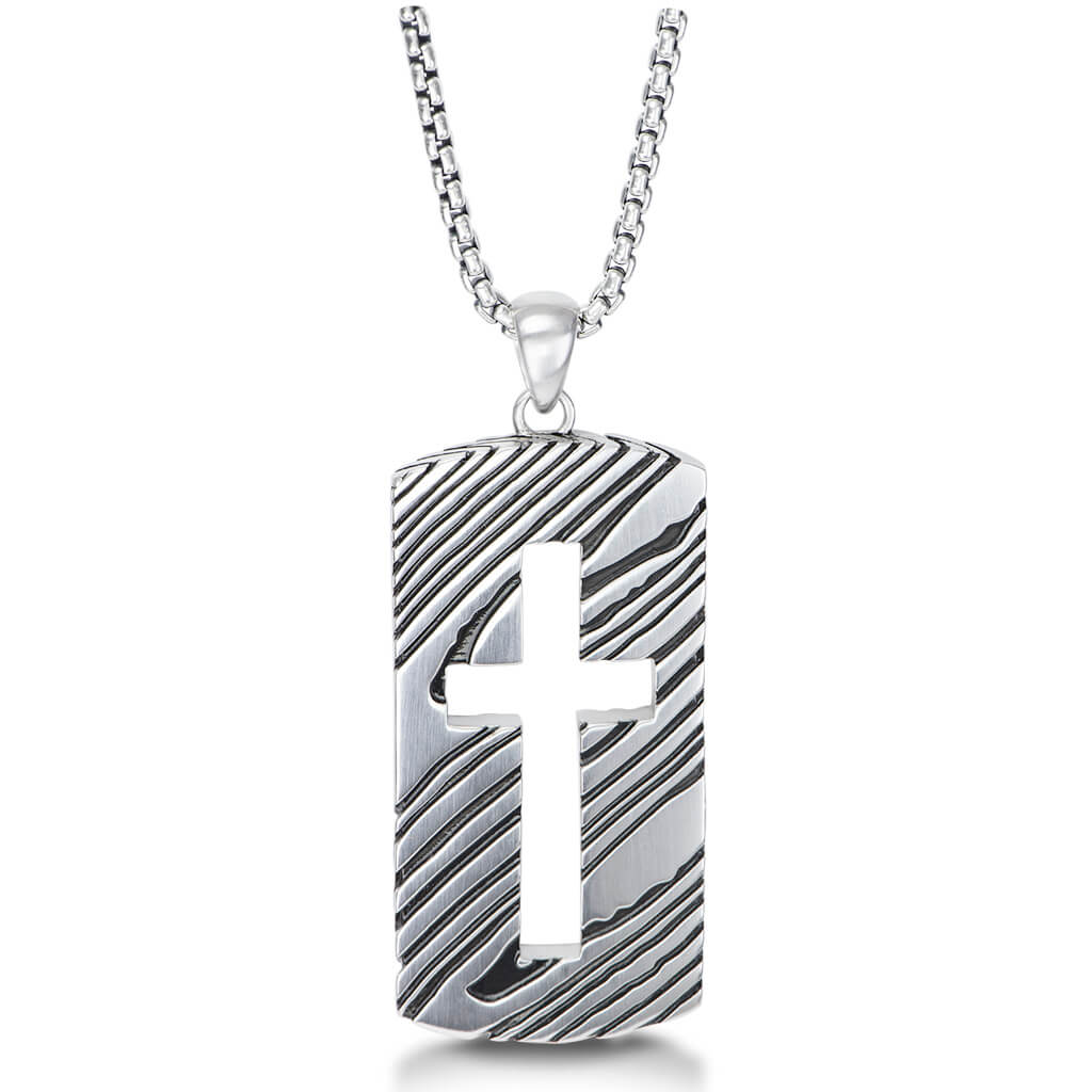 Rogue 26 Silver Dog Tag Necklace with Cut Out Cross with A Damascus inspired Pattern